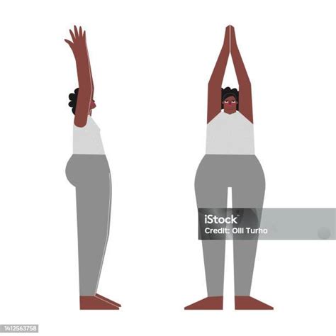 편평한 여성 아프리카 계 미국인 캐릭터가있는 벡터 개념 강한 신체 긍정적 인 여성은 요가 수업에서 서있는 자세 Urdhva