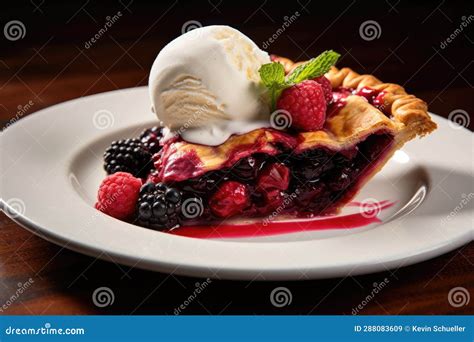 Berry Pie A La Mode With Ice Cream Fresh And Plated With Soft Focus And Natural Light Stock