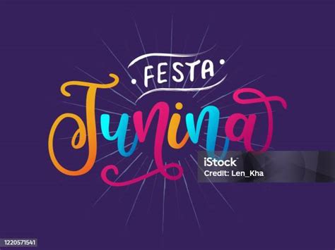페스타 주니나 슬로건의 멀티 컬러 벡터 그림입니다 여름 축제를위한 별이 빛나는 밤 하늘에 포르투갈어 브라질 축하 인용 6 월 퍼레이드를위한 축제 손으로 그린 글자 타이포