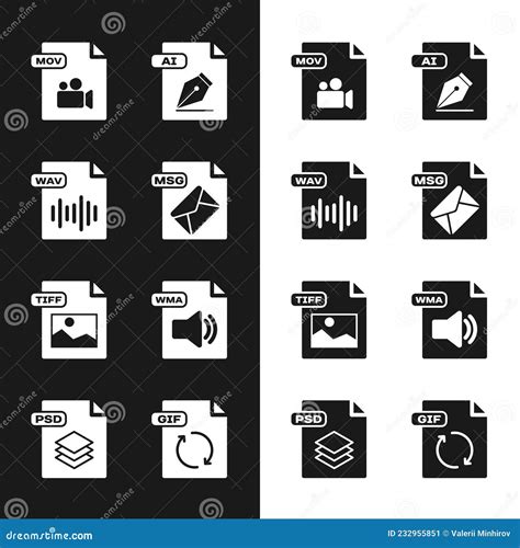 Set Msg File Document Wav Mov Ai Tiff Wma  And Psd Icon Vector Stock Vector