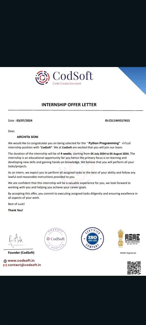 Archita Soni On Linkedin Internship Offerletter Pythonprogramming