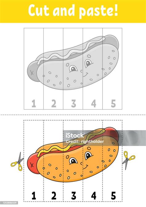 학습 번호 15 잘라 내고 접착제 만화 캐릭터 워크시트를 개발하는 교육 아이들을위한 게임 활동 페이지입니다 색상 격리 된 벡터 그림입니다 개념에 대한 스톡 벡터 아트 및
