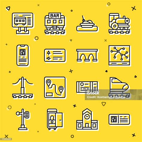 라인 Qr 코드 티켓 열차 고속 철도 지도 음식 플레이트 도로 교통 표지판 전자 티켓 티켓 구매를 위한 매표소 및 아이콘용 다리를 설정합니다 벡터 Brand Name