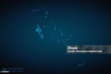 바하마지도 미래 지향적 인 스타일의 방사형 점선 패턴 별들로 만든 디자인 파란색 원 빛나는 윤곽선 진한 파란색 배경에 대한 의사 소통의 개념 바하마에 대한 스톡 벡터 아트