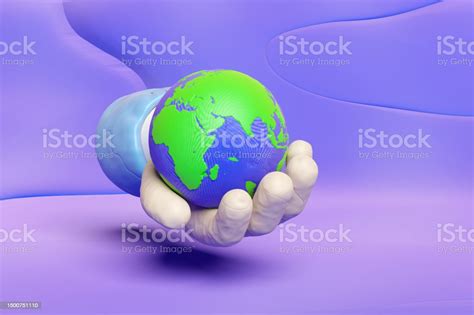 파란색 배경에 분리된 플라스틱으로 만든 지구를 들고 있는 3d 손 세계 점토 장난감 아이콘 지구의 날 개념 3d 렌더링 일러스트레이션 클리핑 경로 3차원 형태에 대한 스톡