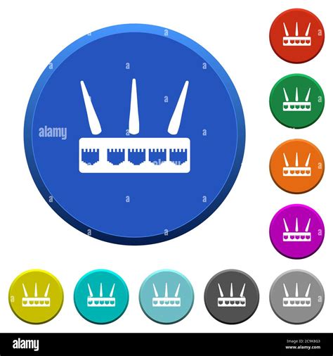 Wireless Router Round Color Beveled Buttons With Smooth Surfaces And Flat White Icons Stock