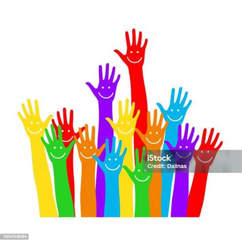 손 이모티콘 손을 들어 올렸습니다 일러스트 포스터 카드 초대를위한 다채로운 디자인 군중에 대한 스톡 벡터 아트 및 기타 이미지 Istock