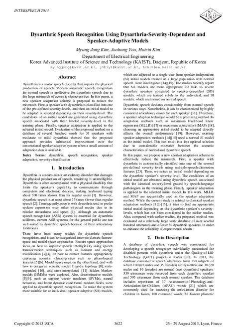 Pdf Dysarthric Speech Recognition Using Dysarthria Severity Dependent And Speaker Adaptive Models