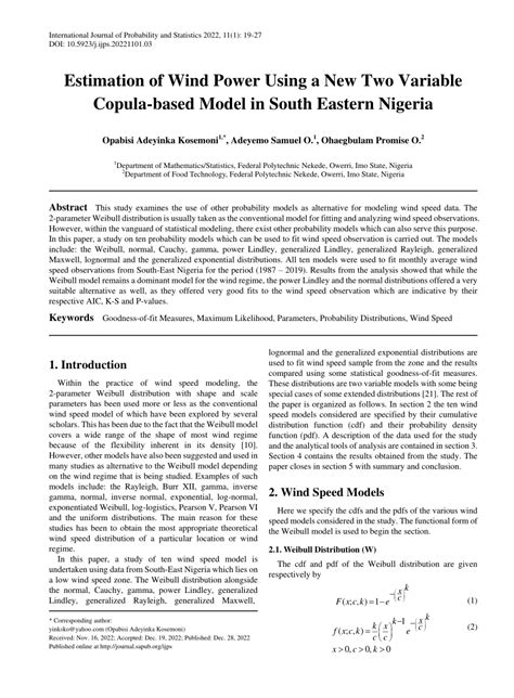 Pdf Estimation Of Wind Power Using A New Two Variable Copula Based