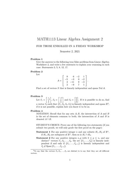 Linear Algebra Assignment Friday MATH Linear Algebra Assignment FOR THOSE ENROLLED IN