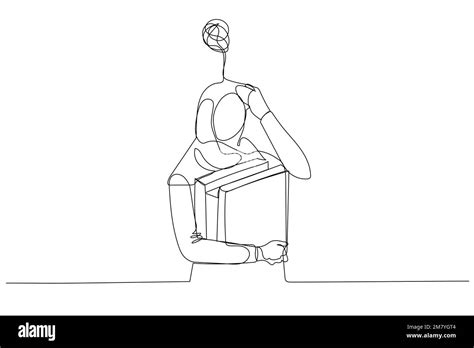 Drawing Of Stress Muslim Woman Having Headache While Holding Folder Of Document One Line Art