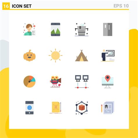 Mobile Interface Flat Color Set Of 16 Pictograms Of Pumkin Refrigerator Bucket Fridge Appliances