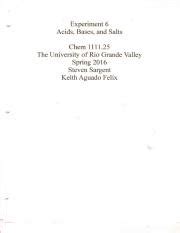 Acids Bases Lab Report Experiment 6 Acids Bases And Salts Chern 1111 25 The University Of