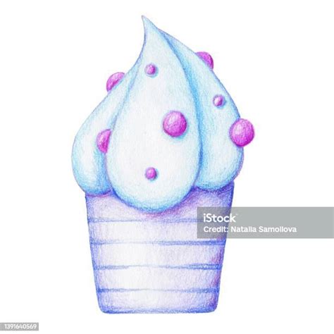 색연필로 칠해진 라일락 줄무늬 컵에 푸른 유약과 결합 된 맛있는 섬세한 컵 케이크 0명에 대한 스톡 벡터 아트 및 기타 이미지