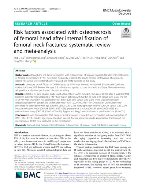 Pdf Risk Factors Associated With Osteonecrosis Of Femoral Head After Internal Fixation Of