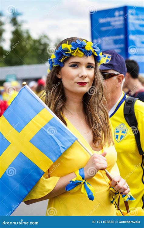 Beautiful Girl Supporting Of Sweden Football Team Editorial Photo