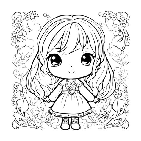 꽃 프레임 에 있는 귀여운 작은 소녀 색칠 책 을 위한 ⁇ 터 일러스트레이션 프리미엄 Ai 생성 벡터