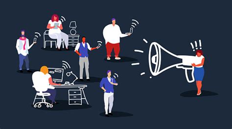 과 체중 뚱뚱한 사업가 보스 지주 메가 폰 디지털 장치를 사용 하 여 사무실 노동자 비명 뚱뚱한 여성 지도자 정보 발표 스케치 낙서 수평 건강에 좋지 않은 음식에 대한 스톡