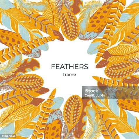 화려한 깃털로 만든 원형 프레임 테두리 노란색 파란색 갈색 색상 브러시 및 페인트 텍스처 벡터 일러스트 레이 션 그리기에 대한 스톡 벡터 아트 및 기타 이미지 Istock