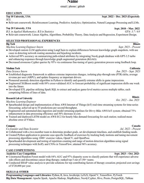 Entry Level Data Scientist Machine Learning Engineer Resume Looking