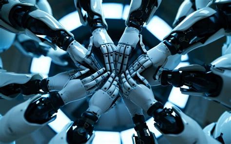 Futuristic Display Of Robotic Collaboration White Robotic Arms Meeting In Unity Premium Ai