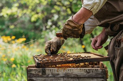Beekeeper Extracting A Frame Filled With Honey From The Beehive During The Harvesting Process