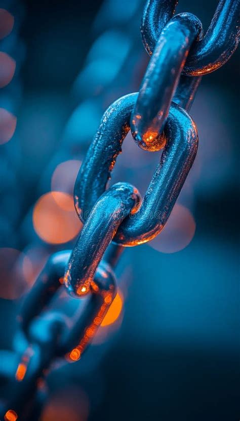 Heavy Metal Close Up Of Interlocking Steel Chain Links Gleaming And Reflecting Light Stock