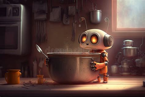 Cute Robot Assistant Cooking A Meal For Its Human Companion Stock