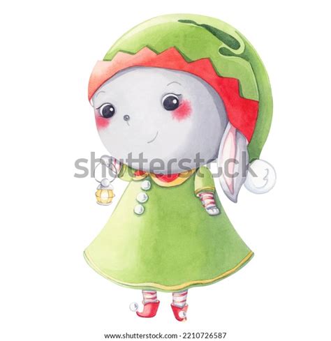 Cute Bunny Dressed Elf Watercolor Character Stock Illustration