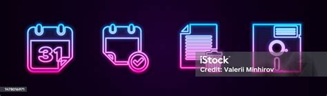 525 인치의 체크 표시 파일 문서 및 플로피 디스크를 삭제 하는 줄 달력을 설정 합니다 빛나는 네온 아이콘입니다 벡터 계획에 대한 스톡 벡터 아트 및 기타 이미지 Istock