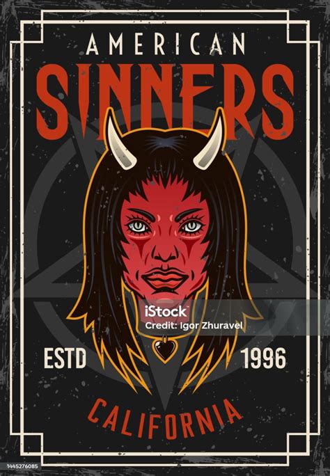 악마 소녀 머리 빈티지 컬러 포스터 텍스트 미국 죄인 벡터 장식 템플릿 그림 금속에 대한 스톡 벡터 아트 및 기타 이미지 금속 디자인 만화 Istock