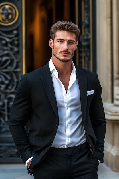 Premium Photo A Handsome Muscular Man In A Tailored Black Suit With A