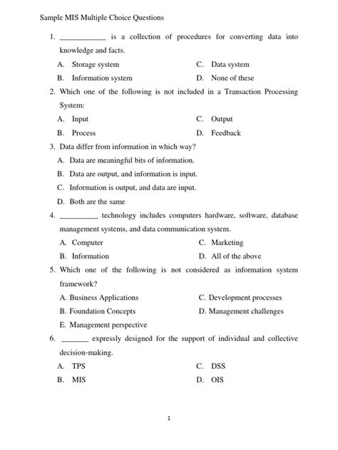Mis Multiple Choice Questions Pdf Information Information System