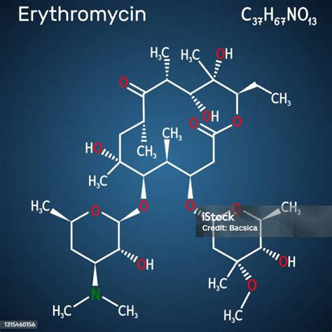 에리스로마이신 분자 그것은 박테리오정성 항생제 약물이며 매크로 리데 그룹에 속한다 짙은 파란색 배경의 구조적 화학 포뮬러 0명에 대한 스톡 벡터 아트 및 기타 이미지