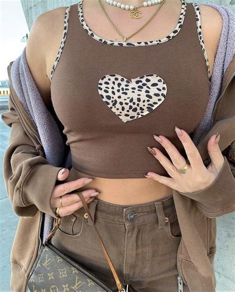 Brown Leopard Heart Crop Top Crop Tops Women Streetwear Women Cute Tops