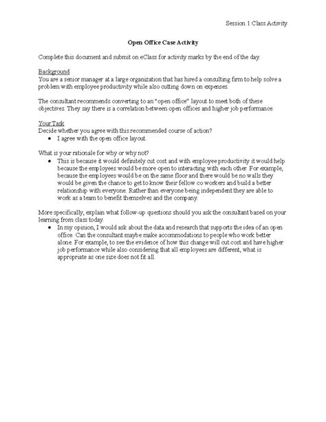 Open Office Case Activity Session 1 Session 1 Class Activity Open