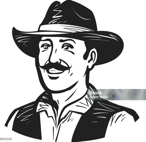 행복 카우보이 또는 농부의 초상화입니다 재배 자 제조자 간절히 맥주 로고 또는 아이콘 스케치 벡터 일러스트 레이 션 러시아에 대한 스톡 벡터 아트 및 기타 이미지 Istock