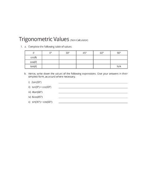 Exact Trigonometric Values Worksheet Pdf