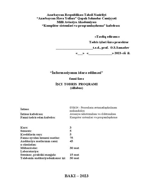 İnformasiyanın Idarə Edilməsi Baki 2023 Pdf