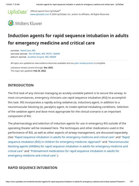Induction Agents For Rapid Sequence Intubation In Adults For Emergency Medicine And Critical