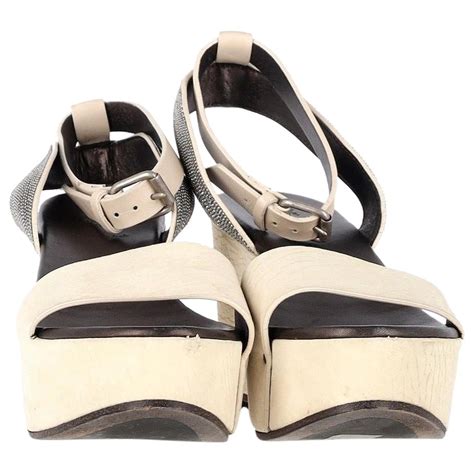 Brunello Cucinelli Embellished Wedge Sandals In Cream Leather White Ref