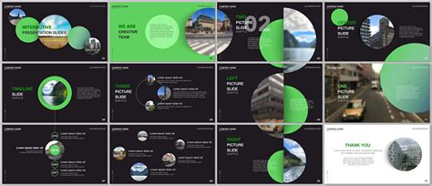 최소한의 프레 젠 테이 션 디자인 검은 배경에 녹색 화려한 원 요소와 포트폴리오 벡터 템플릿 프레 젠 테이 션 슬라이드 전단지 전단지 브로셔 표지 보고서에 대 한 다목적