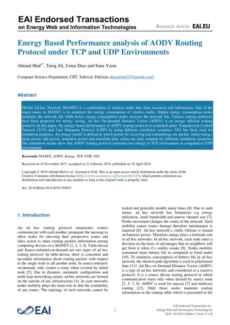 Pdf Energy Based Performance Analysis Of Aodv Routing Protocol Under Tcp And Udp Environments