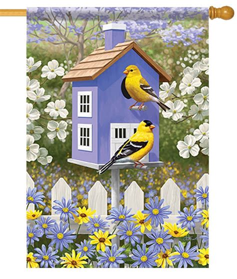 Goldfinch Birdhouse And Daisies House Flag I Americas Flags