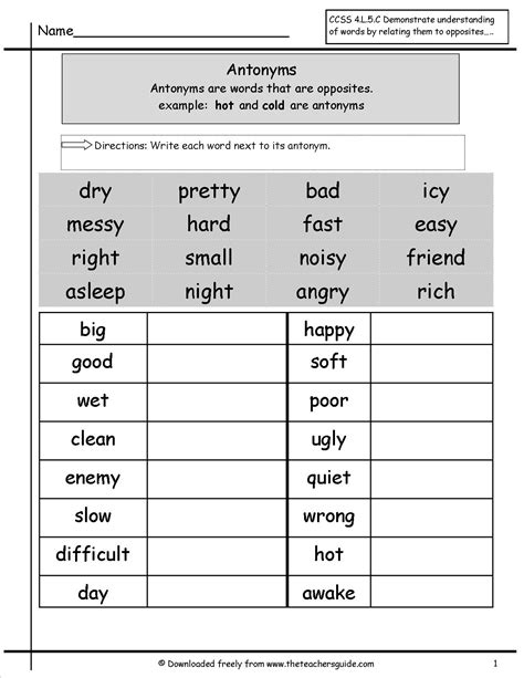 Free Printable Synonyms And Antonyms Worksheets Preschool Coloring