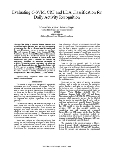 Evaluating C Svm Crf And Lda Classification For Daily Activity Recognition Pdf Support