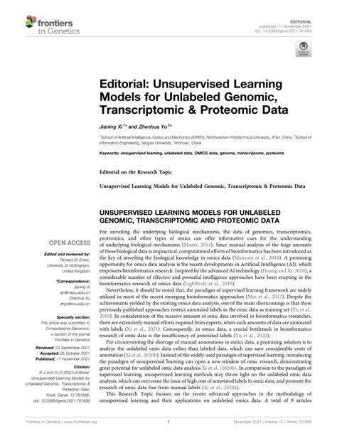 PDF Editorial Unsupervised Learning Models For Unlabeled Genomic Transcriptomic Proteomic Data