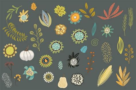 추상적 인 가을 꽃 나뭇잎 나뭇 가지 낙엽 호박 멋진 새싹 원뿔 옥수수 참나무 단풍 나무 잎 해바라기 열매 나뭇 가지 나뭇 가지 가을 디자인 초대장의 디자인을위한 세트 10