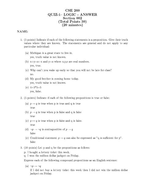 Quiz 1 Logic Answer CSE 260 Studocu