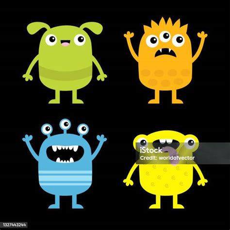 즐거운 할로윈 보내세요 몬스터 세트 아이콘 재미있는 머리 얼굴 다채로운 실루엣 손을 위로 아래로 귀여운 가와이 만화 아기 캐릭터